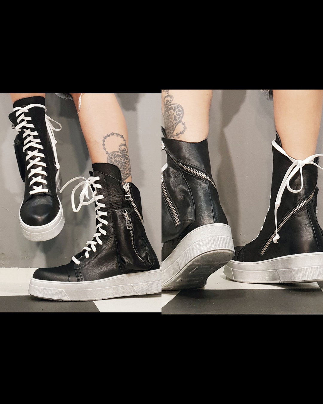 Gothic Leather High Top Sneakers Women | Handmade Grunge Platform Shoes ...