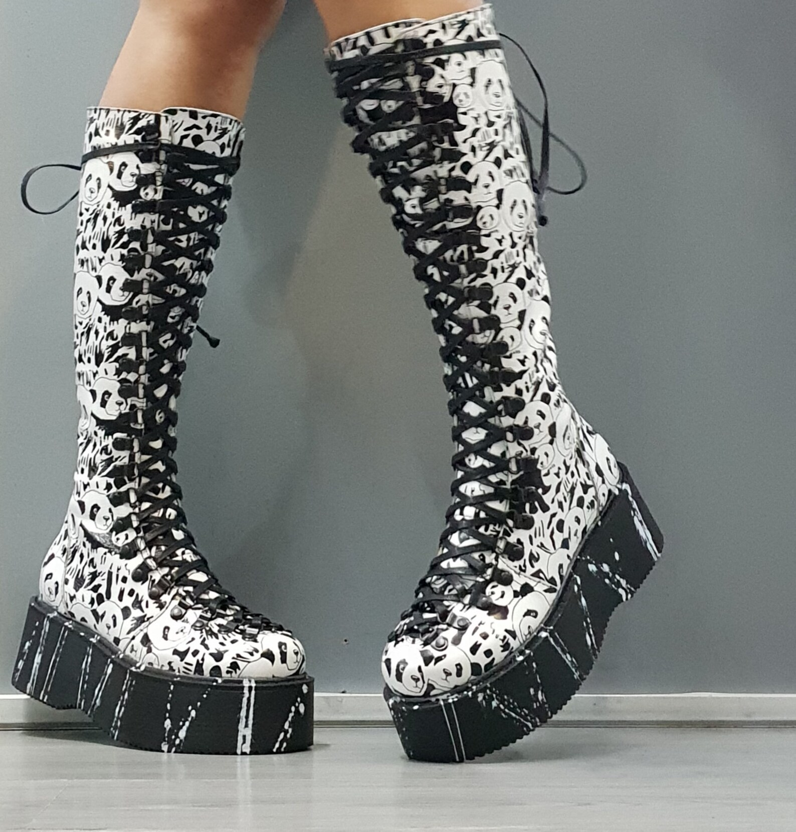 Genuine Women High Boots Panda Print Boots Black Platform - Etsy