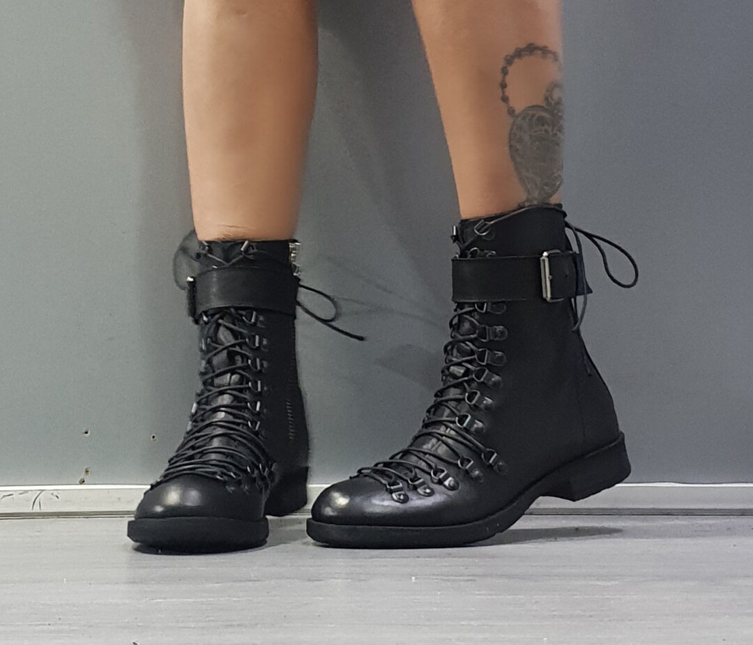 Genuine Women Boots, Gothic Shoes, Leather Booties, Combat Boots, Ankle ...