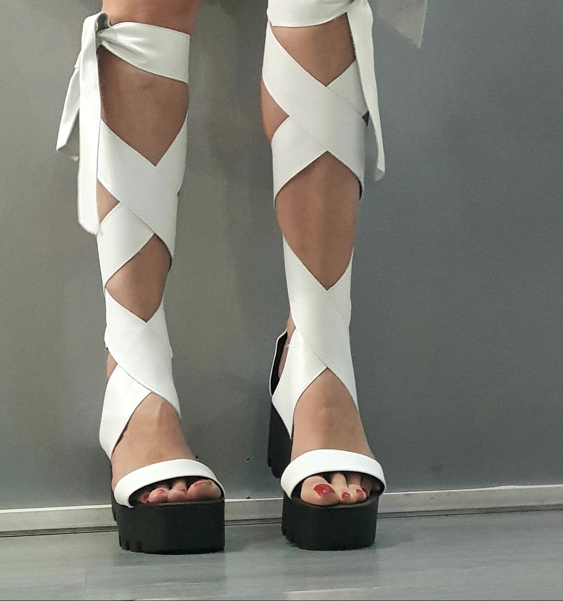 White Leather Gladiator Platform Sandals: Gothic Grunge Wedge Shoes - Etsy