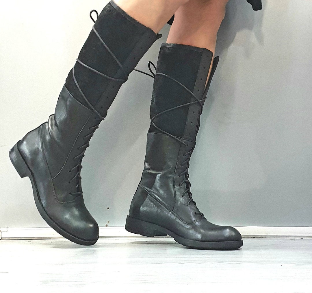 Handmade Flat Women Boots, Black Leather Steampunk Boots, Women's ...