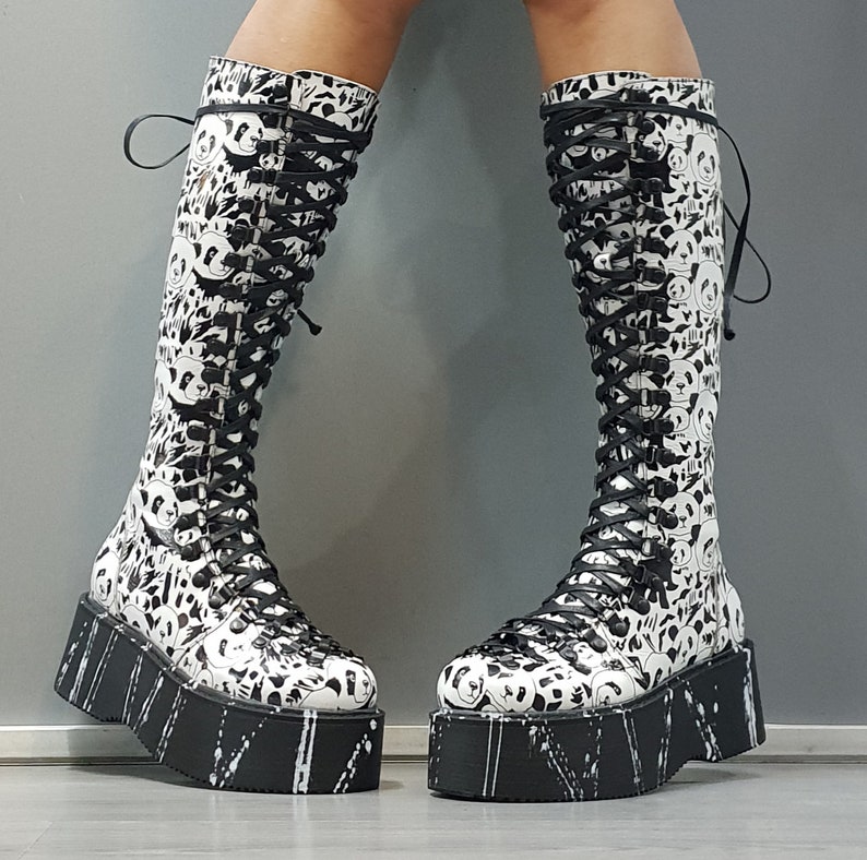 Genuine Women High Boots Panda Print Boots Black Platform - Etsy