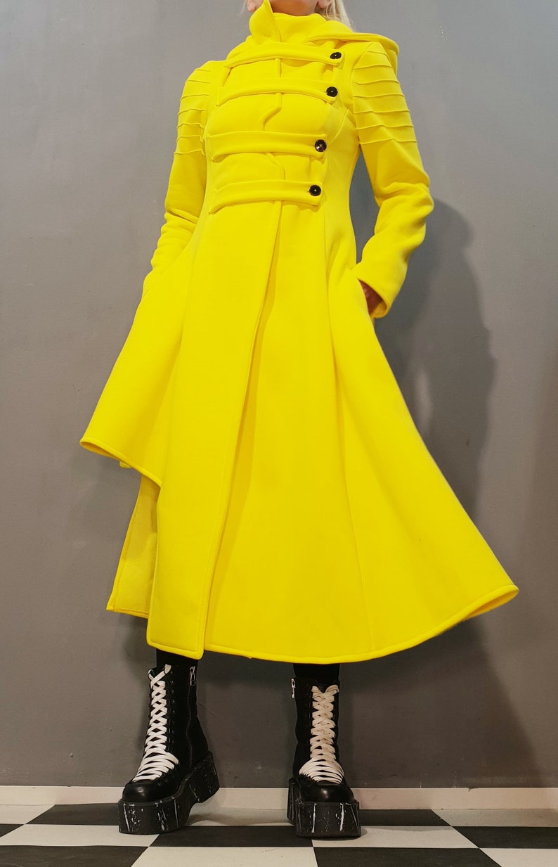 Avant Garde Yellow Hoodie Coat – Asymmetrical Long Winter Jacket, Warm ...