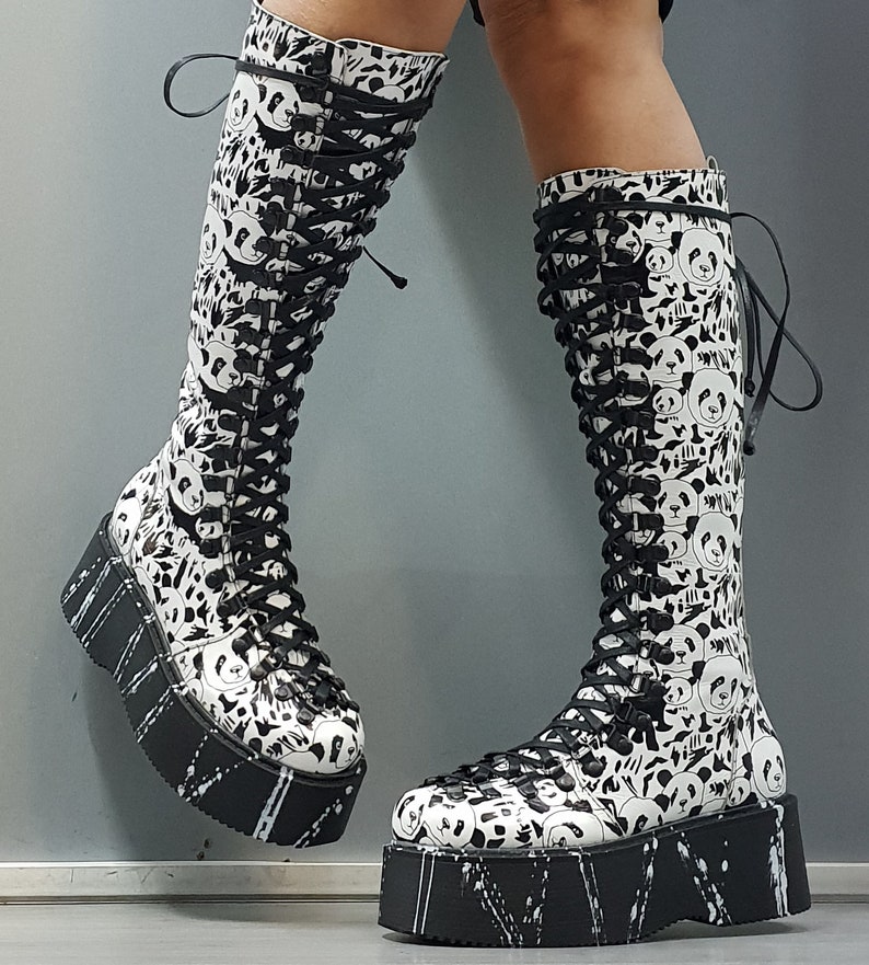 Panda Print Leather Platform Boots: Gothic Grunge High Boots - Etsy