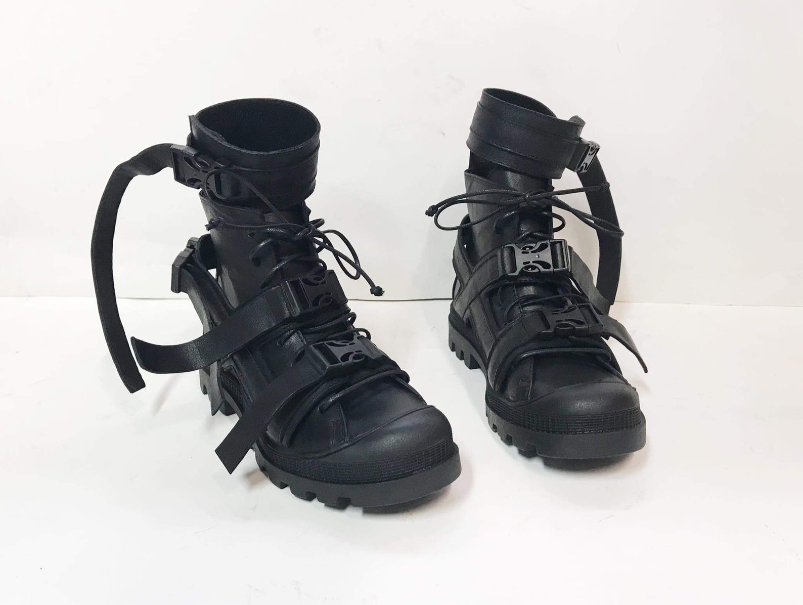 Extravagant Strappy Boots, Black Women Boots, Genuine Boots, Gothic ...