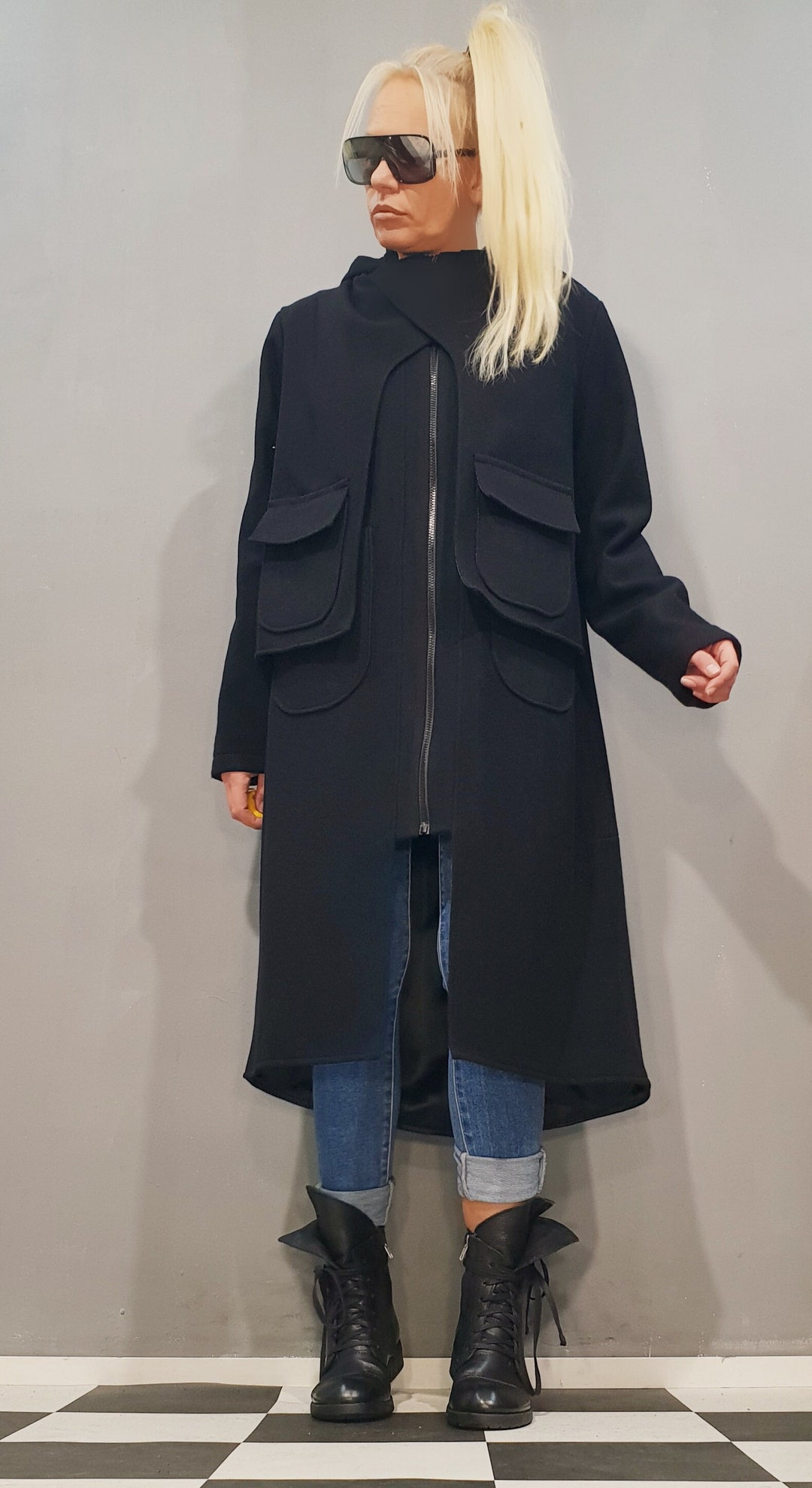 Avant Garde Black Wool Coat – Oversized Hooded Outerwear, Long Gothic ...