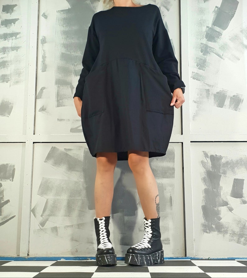 Black Cotton Tunic Dress – Long Sleeve Asymmetrical Avant Garde Maxi ...