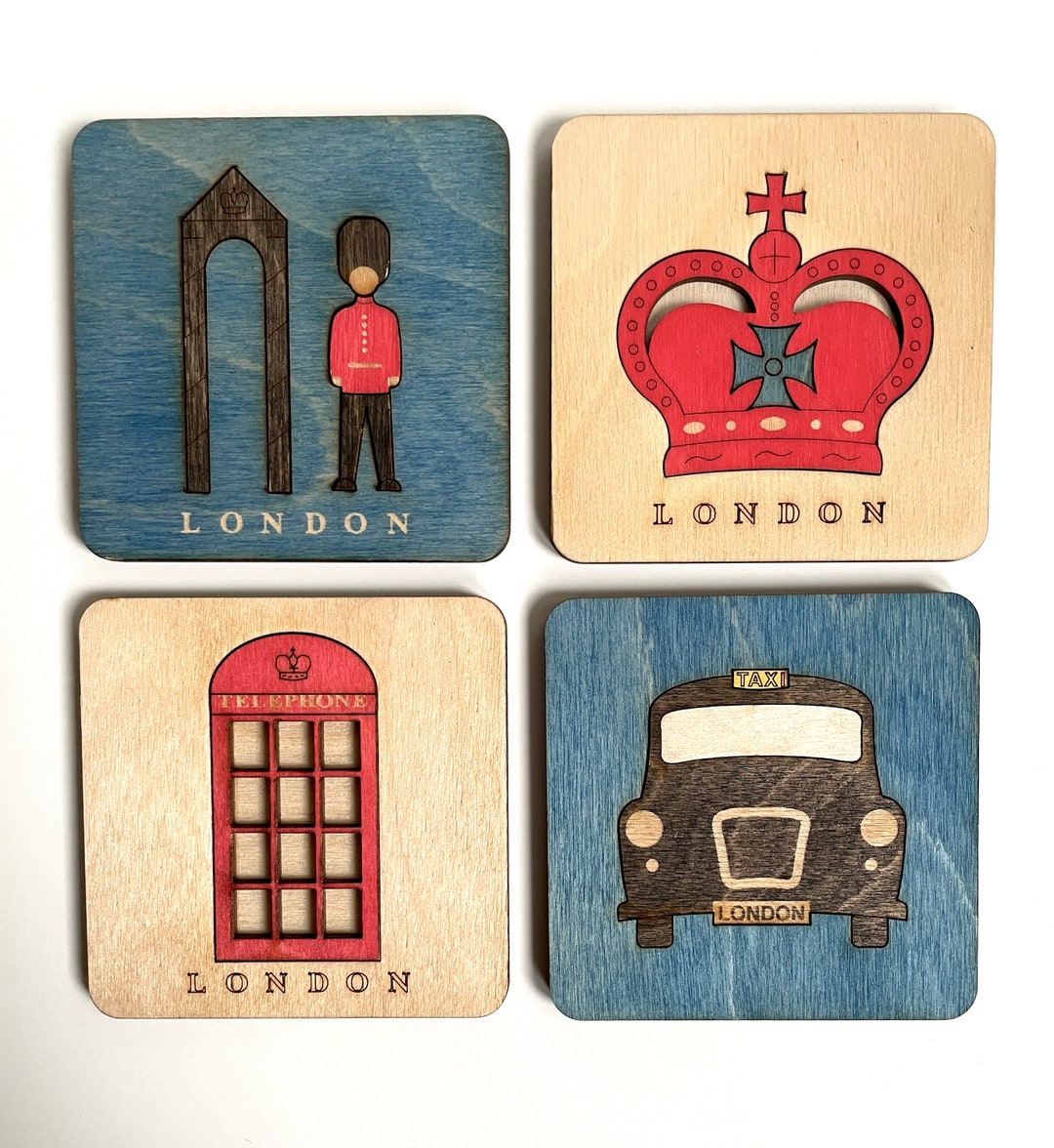 British Themed Wooden Coasters Set of 4 Sentry Guard, Crown, Telephone ...