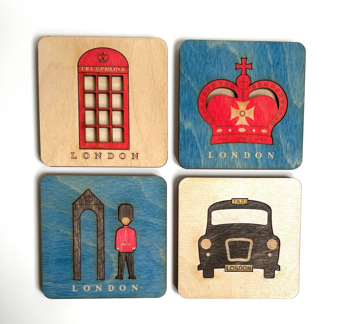 British Themed Wooden Coasters - Set of 4 - Crown, Telephone Box ...