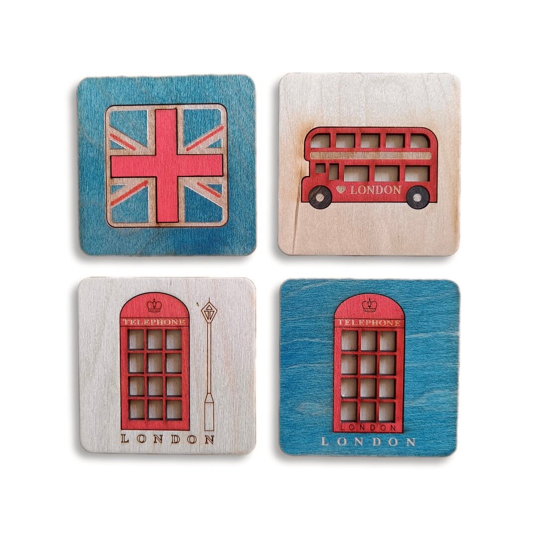 British Theme Wooden Coasters - London Icons - Set of 4 - Etsy