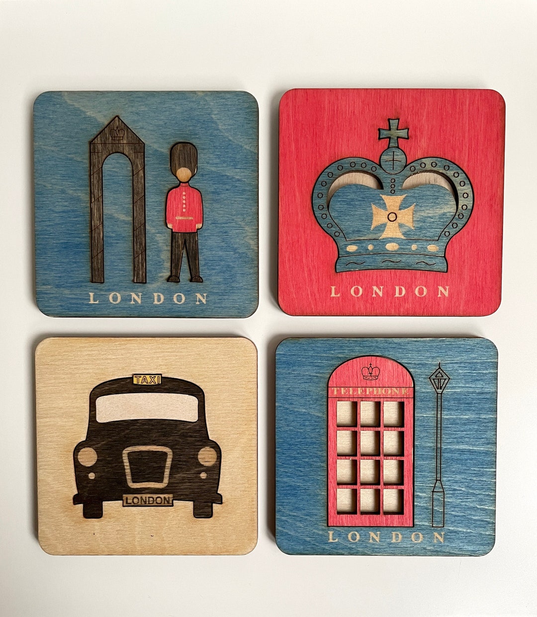 British Themed Wooden Coasters: London Icons, Set of 4 - Etsy