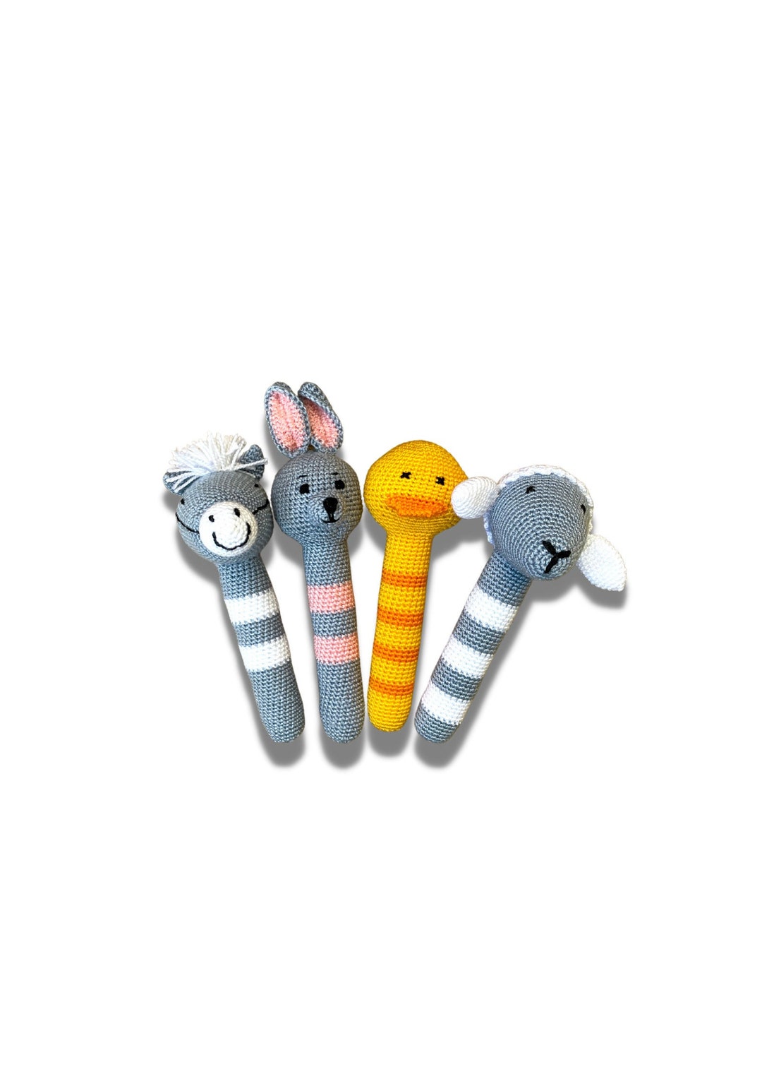 Baby Stick Rattle, Choose From Crocheted Pony, Bunny Rabbit, Duck or ...