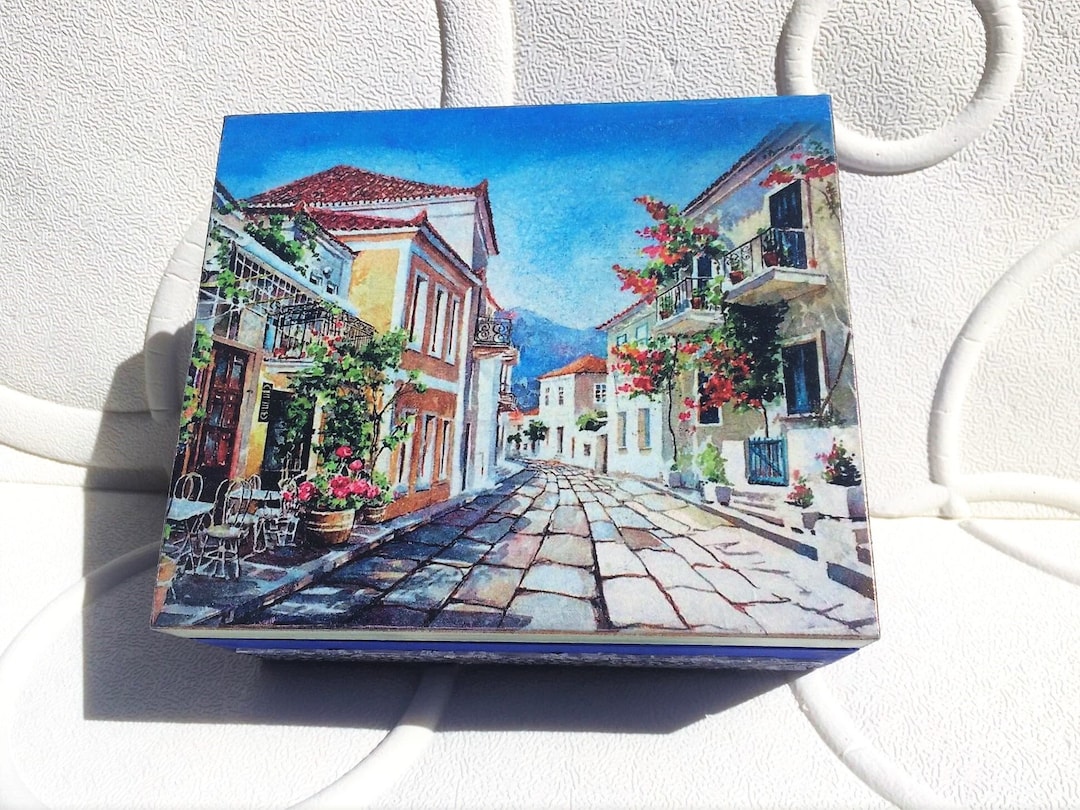 Greek Island Jewelry Box Summer Decor Greek Village Tea Box ...