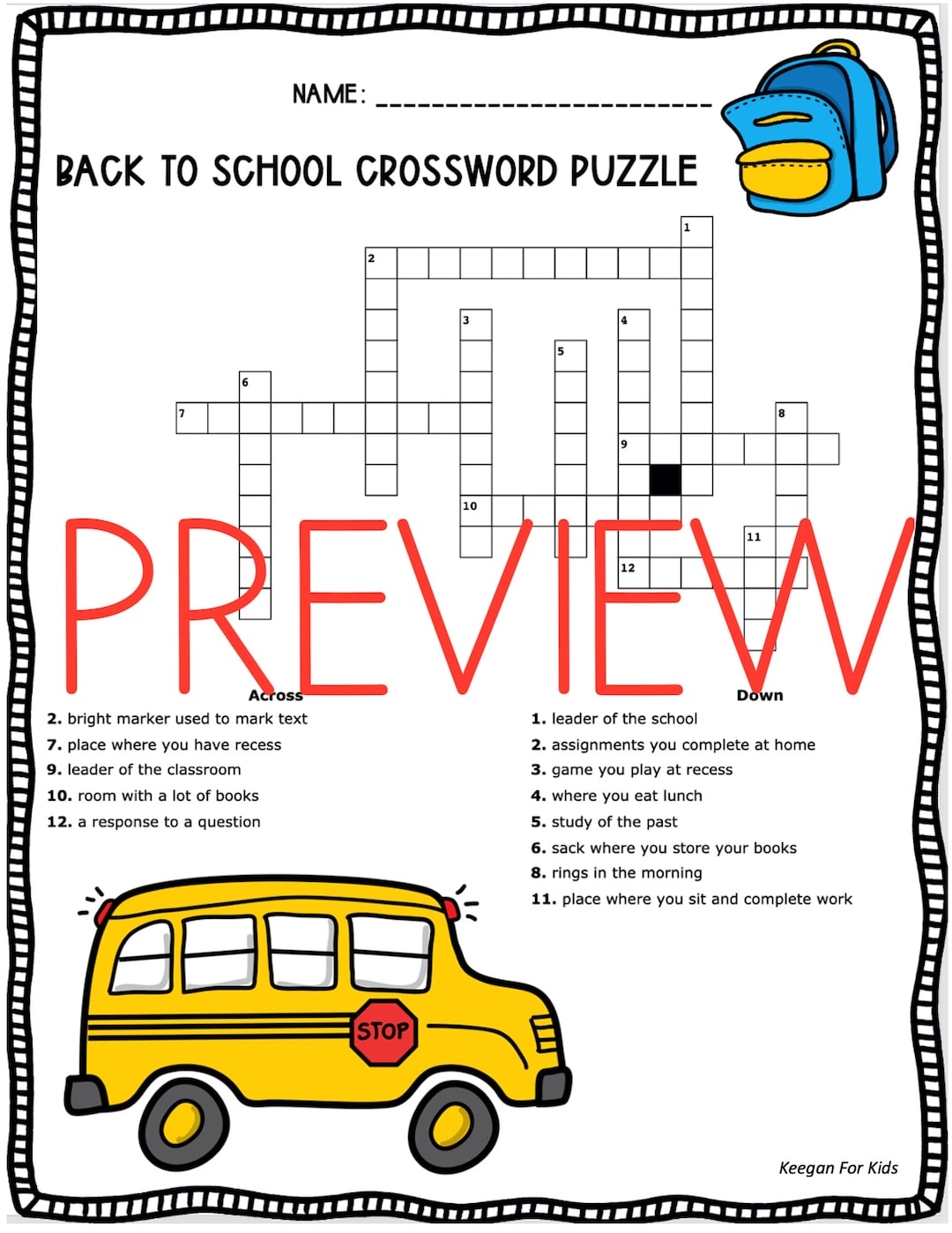 Back to School Crossword Puzzle - Etsy
