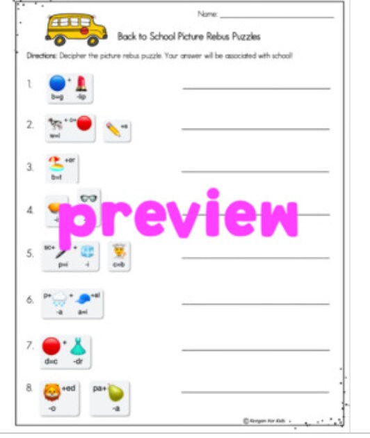 Back to School Rebus Picture Puzzles Printable - Etsy
