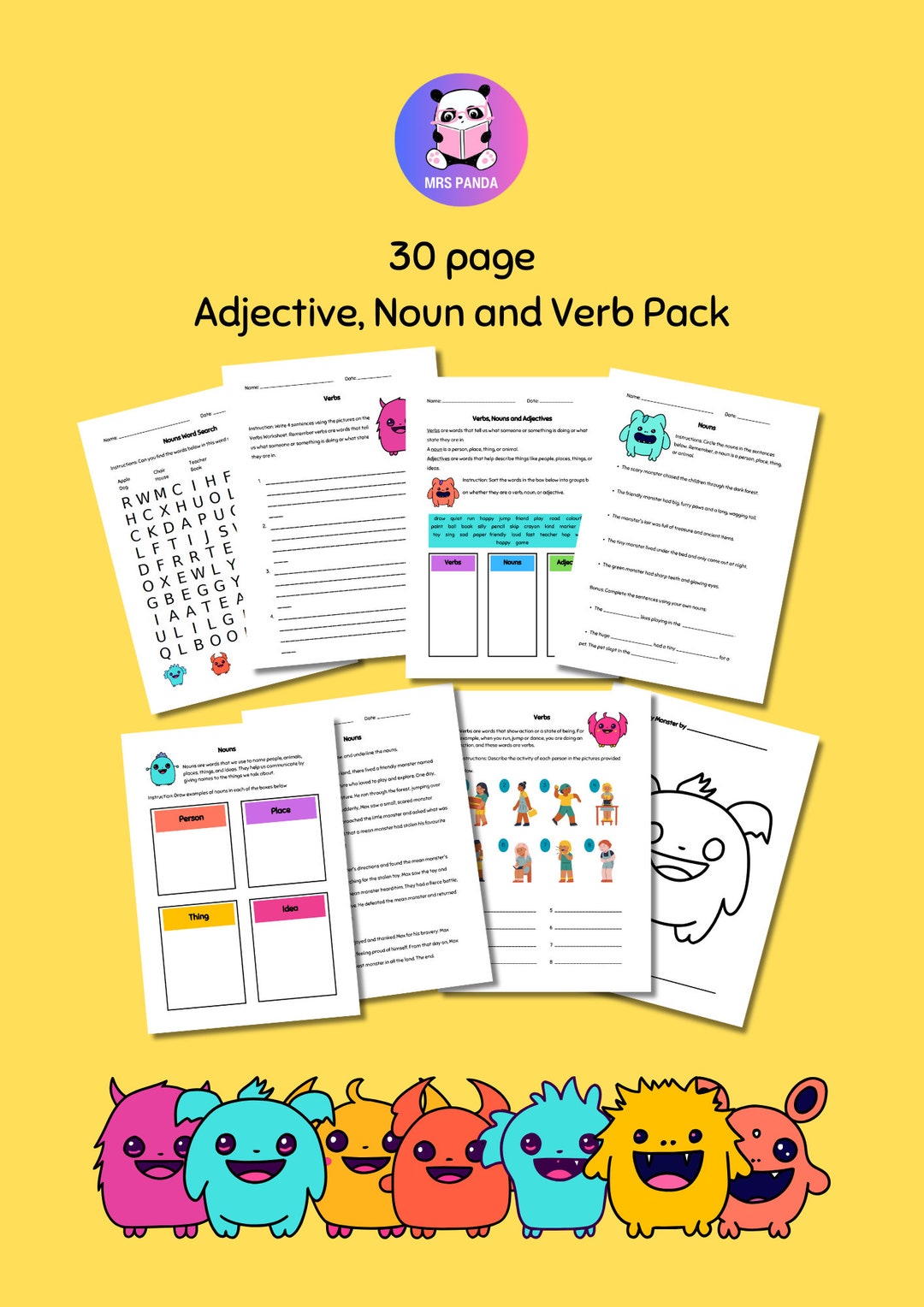30 Page Adjective, Noun and Verb Pack - Etsy