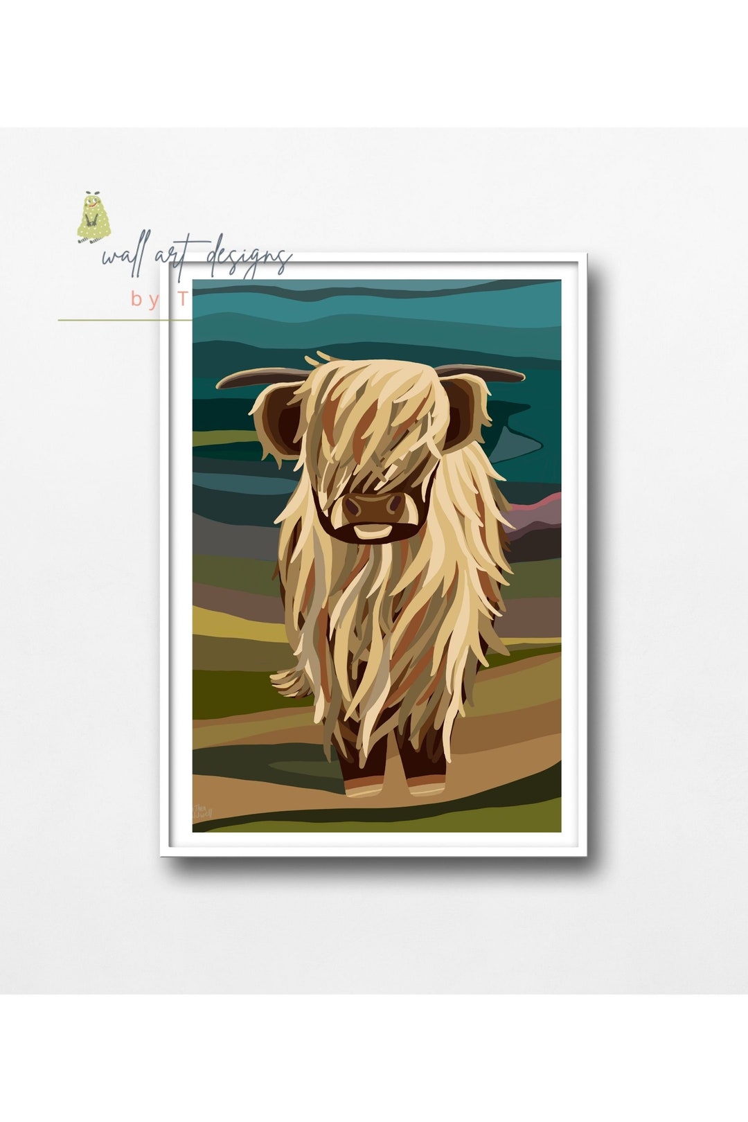 A4 Highland Cow Print Ready Green Blue Yellow Beige Pink Scottish ...