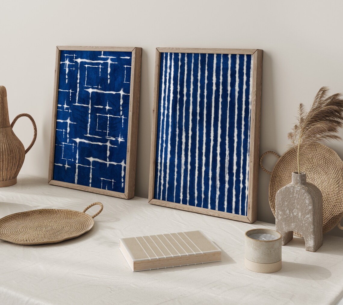 Indigo Blue Wall Art, Shibori Prints, Set of 2, Tie Dye Artwork, Blue ...