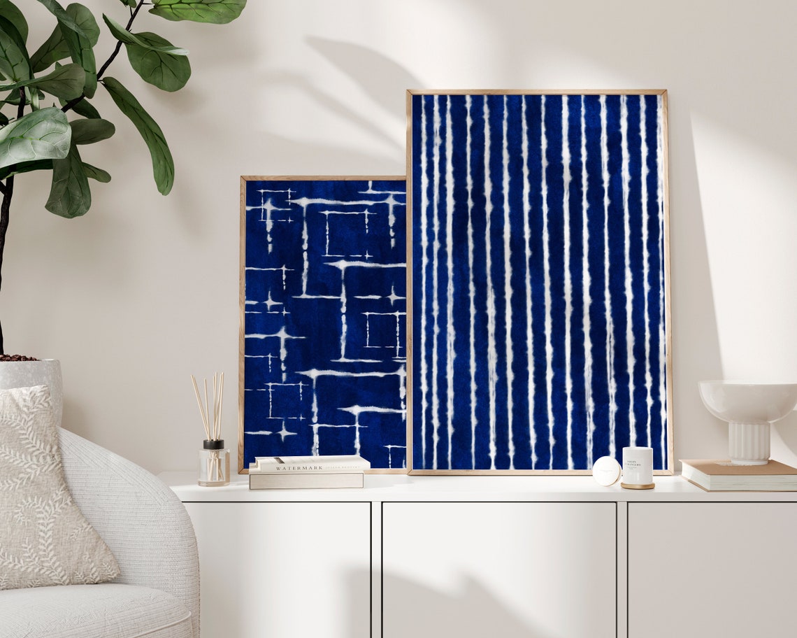 Indigo Blue Wall Art, Shibori Prints, Set of 2, Tie Dye Artwork, Blue ...