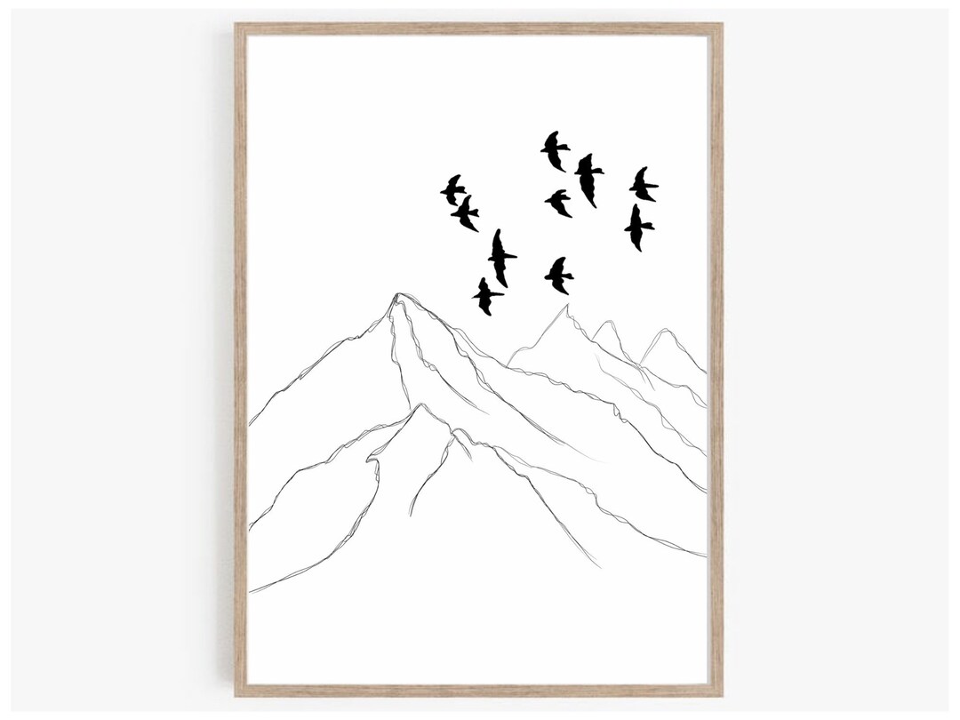 Flying Birds Print, Mountain Wall Art, Flock of Birds Wall Art, Line ...