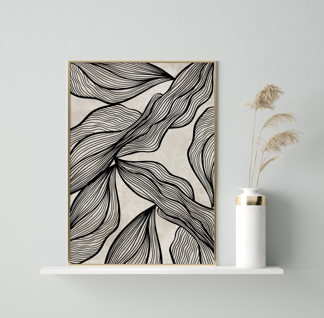 Black Botanical Art, Line Art Leaf, Abstract Leaf Print, Black and ...