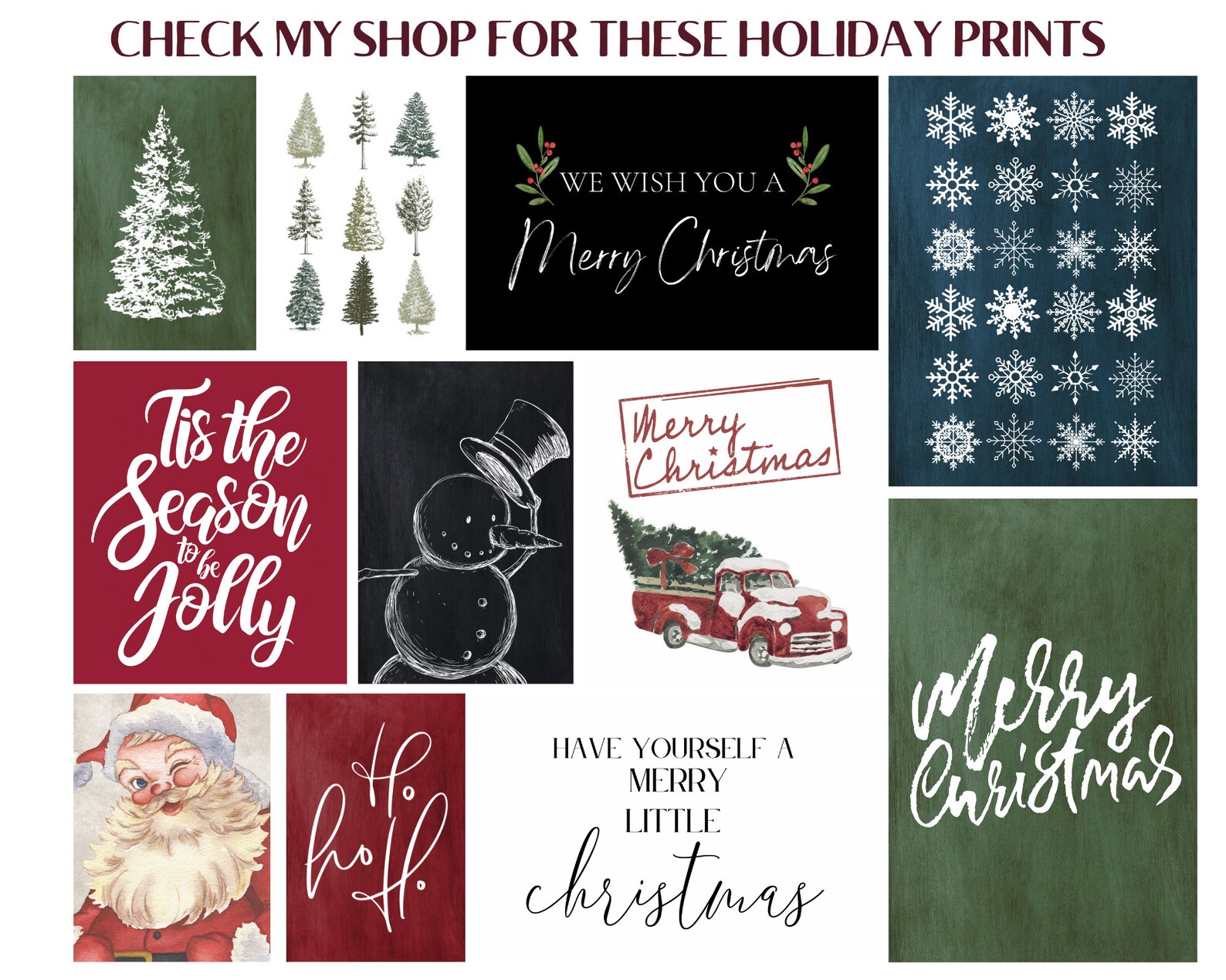 Green Christmas Prints, Printable Christmas Wall Art, 4 Piece Wall Art ...