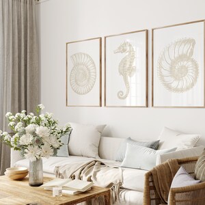 Neutral Beach Wall Art, Set of 3 Prints, Boho Beach Art,seahorse Print ...