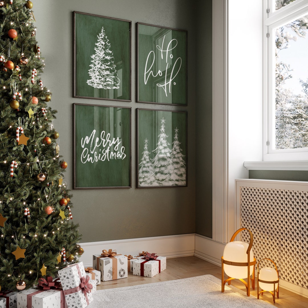 Green Christmas Prints, Printable Christmas Wall Art, 4 Piece Wall Art ...