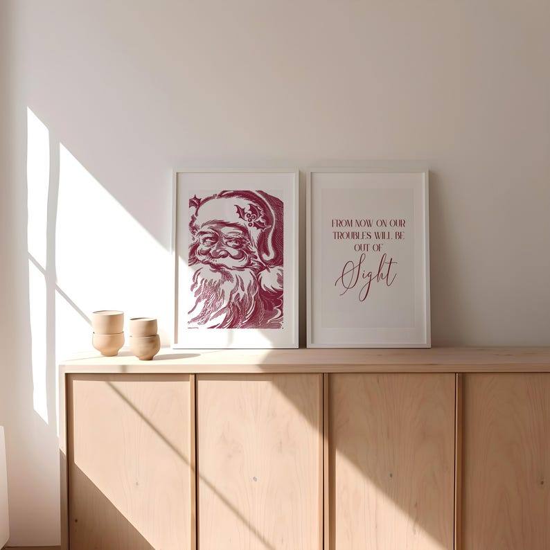 Christmas Printable Art, Red Christmas Prints, Vintage Santa Print, Set ...