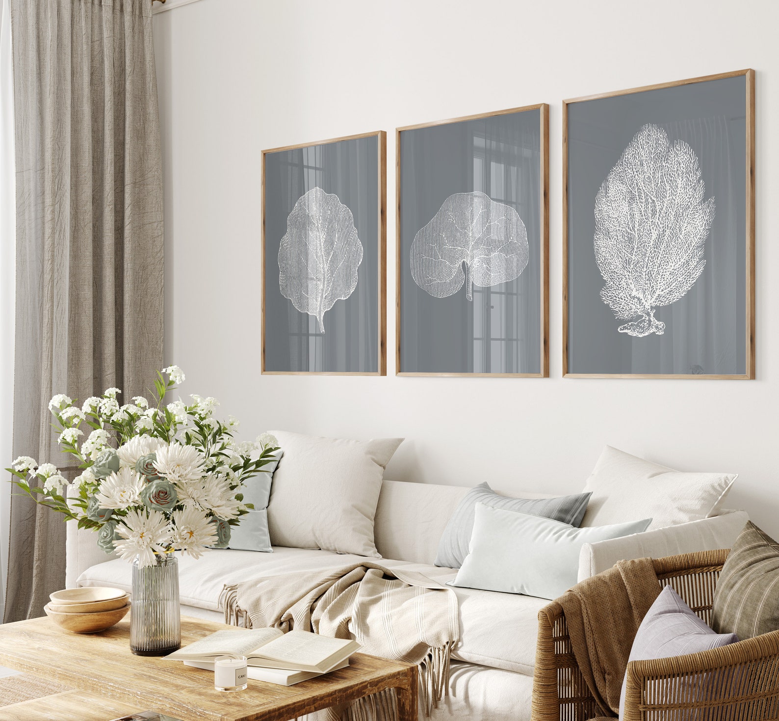 Gray Sea Fan Prints, 3 Piece Wall Art, Beach House Art, Coral Artwork ...