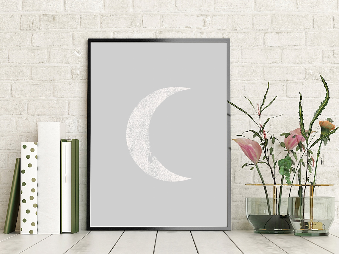 Crescent Moon Print Gray and White Wall Art Moon Wall | Etsy