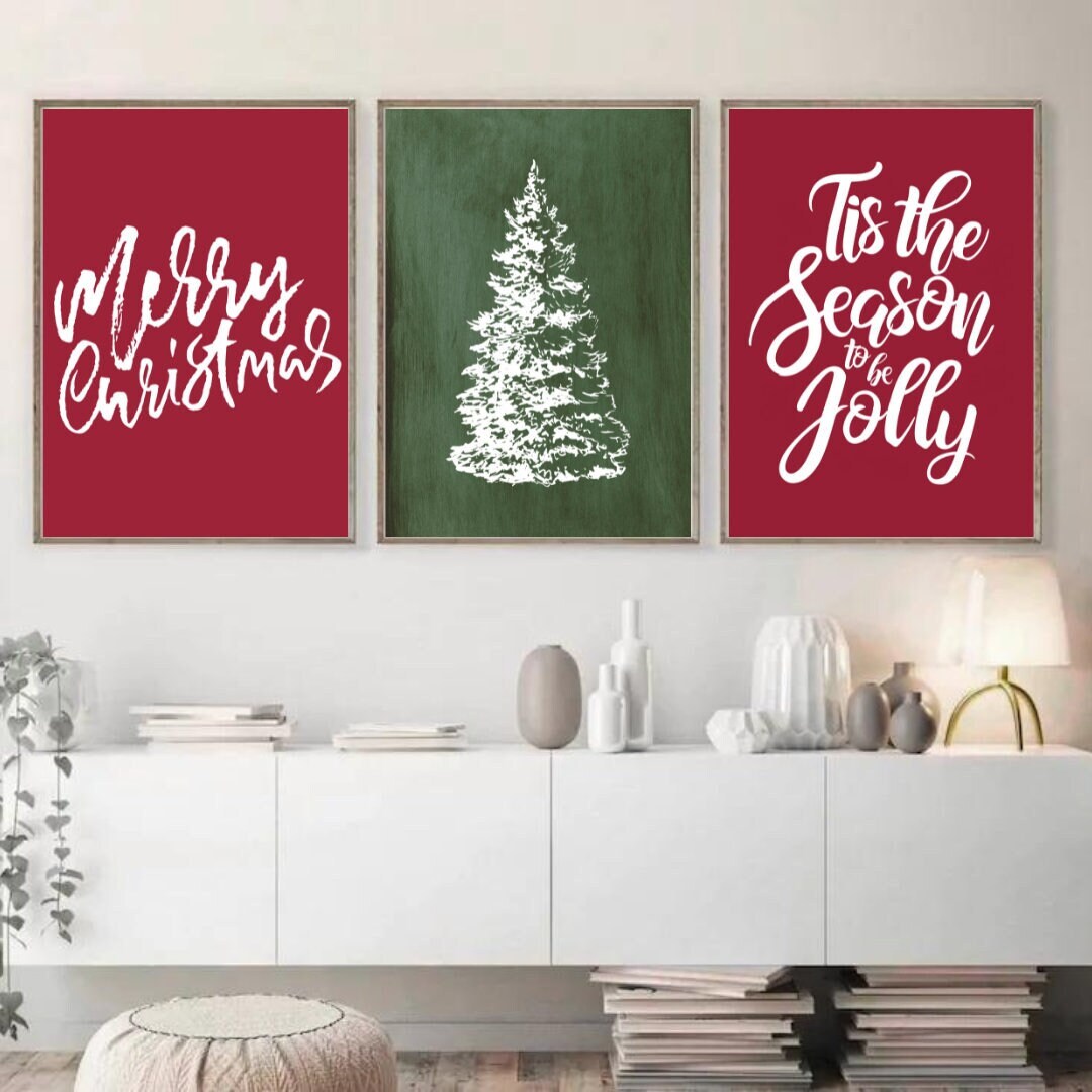 Christmas Wall Art, Set of 3 Prints, Christmas Printable, Red and Green ...