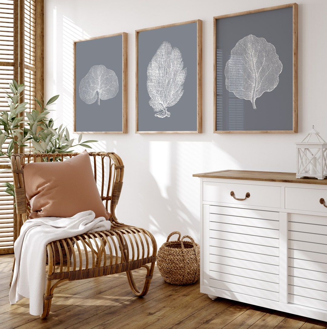Gray Sea Fan Prints, 3 Piece Wall Art, Beach House Art, Coral Artwork ...