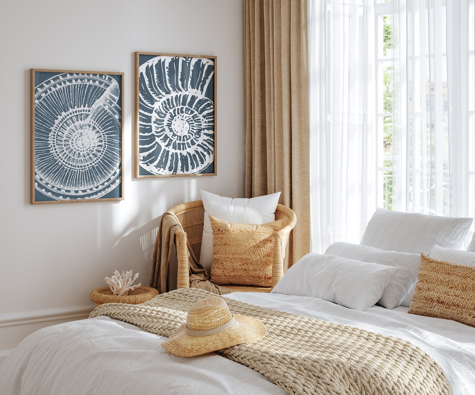 Coastal Wall Art, Set of 2 Prints, Sea Shell Prints, Beach Art, Blue ...