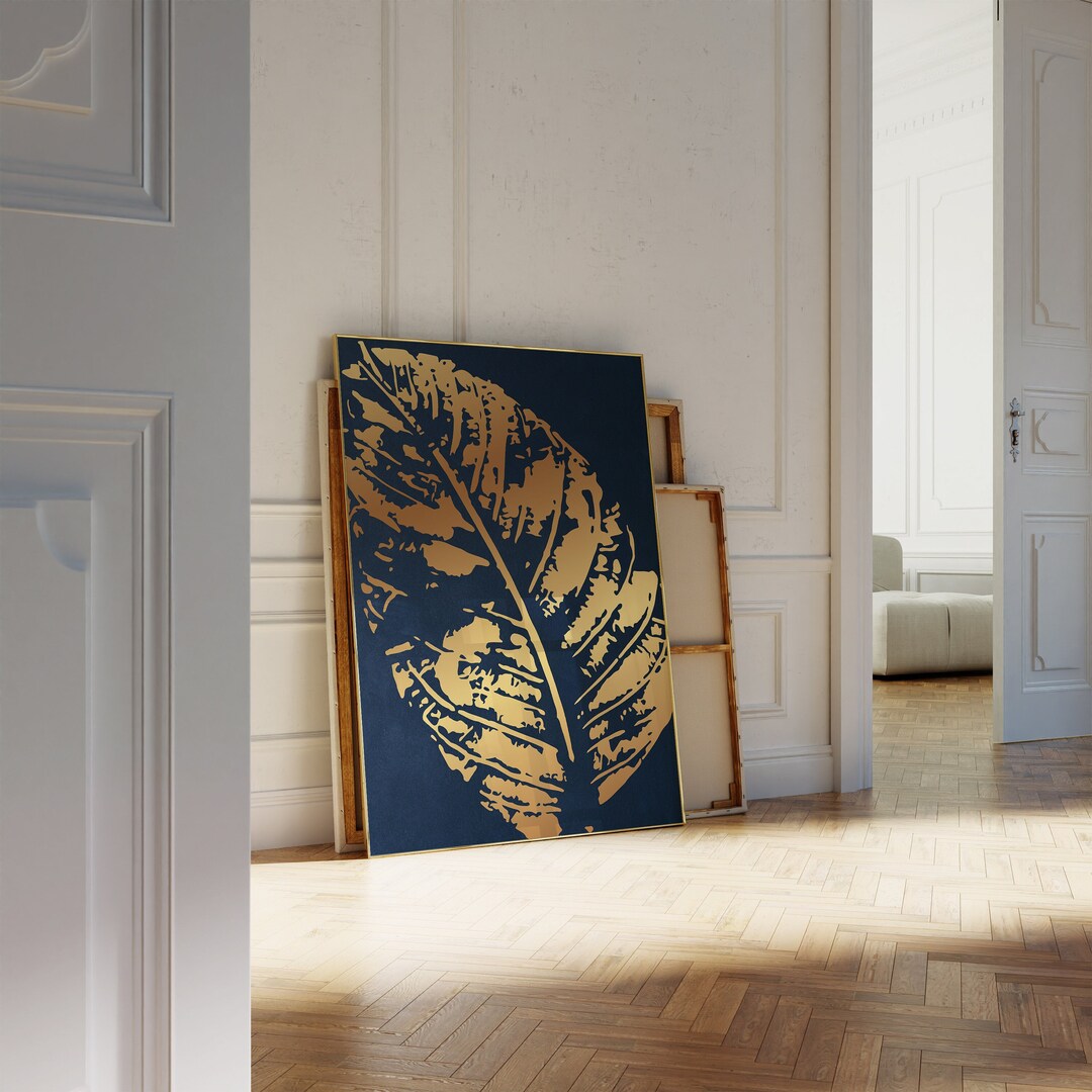 Navy Blue and Gold Wall Art, Gold Leaf Print, Botanical Leaves Art ...