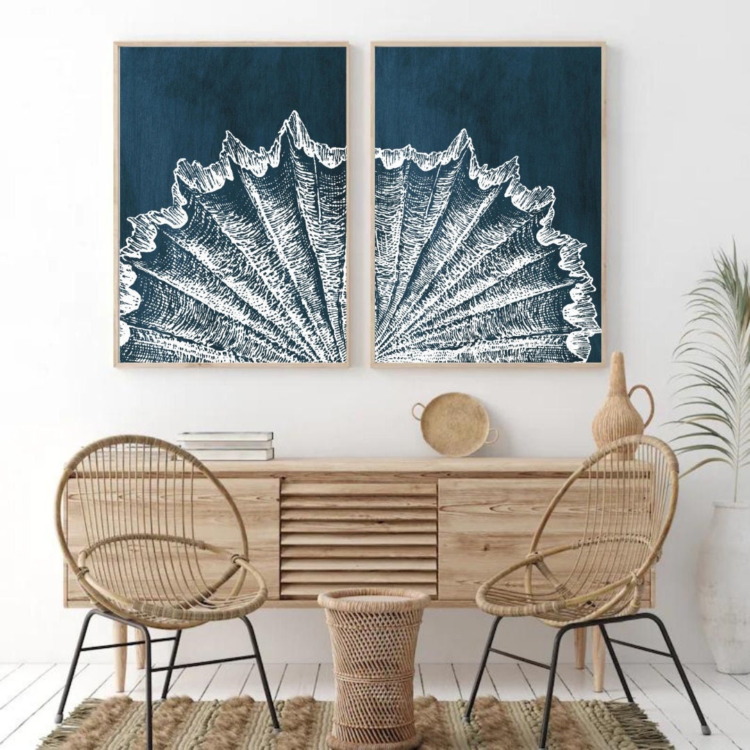 Boho Beach Wall Art, Blue Coastal Prints, 2 Piece Print Set, Shell ...