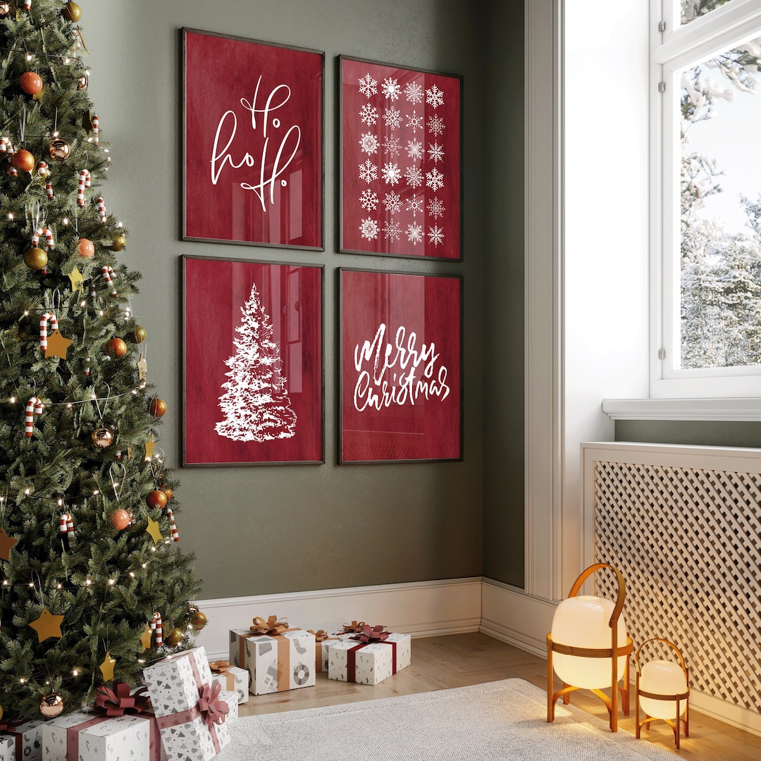 Christmas Prints, Red Christmas Wall Art, Set of 4, Christmas ...