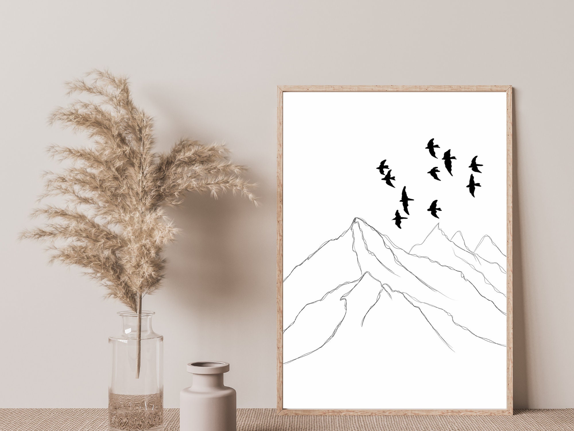 Flying Birds Print, Mountain Wall Art, Flock of Birds Wall Art, Line ...