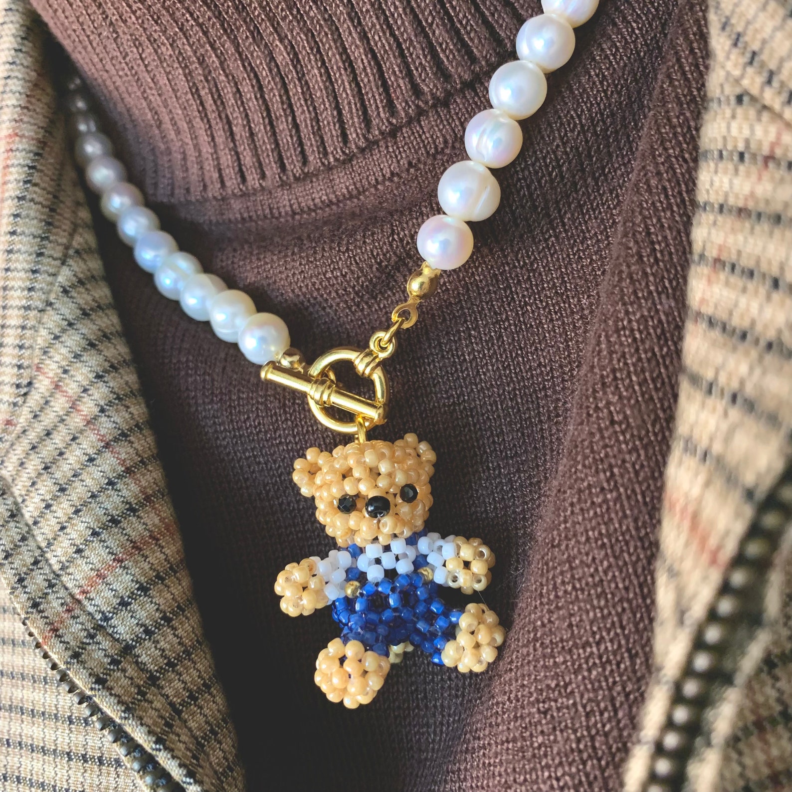 Teddy Bear in Jumpsuit Beaded Pendant | Handmade Beaded Teddy Bear ...