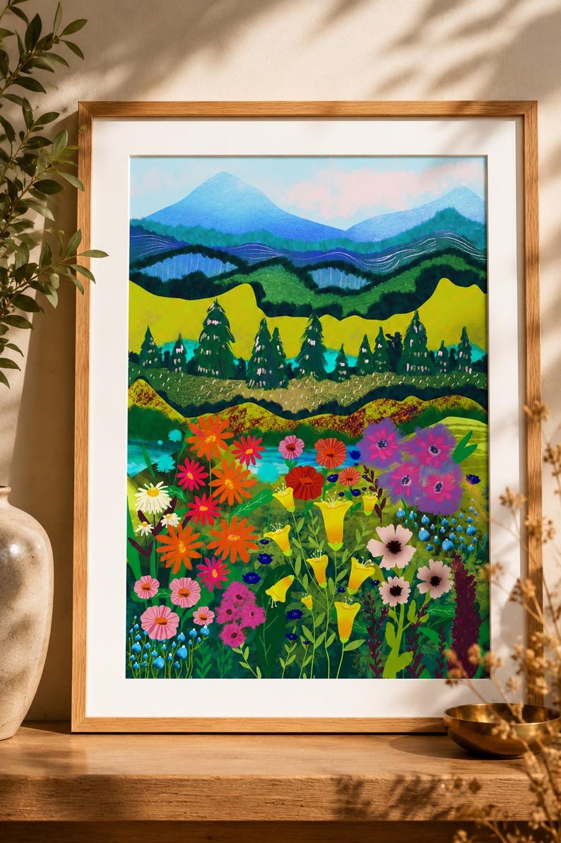 Valley of Flowers Printable Art | Colorful Mountain Landscape, Floral ...