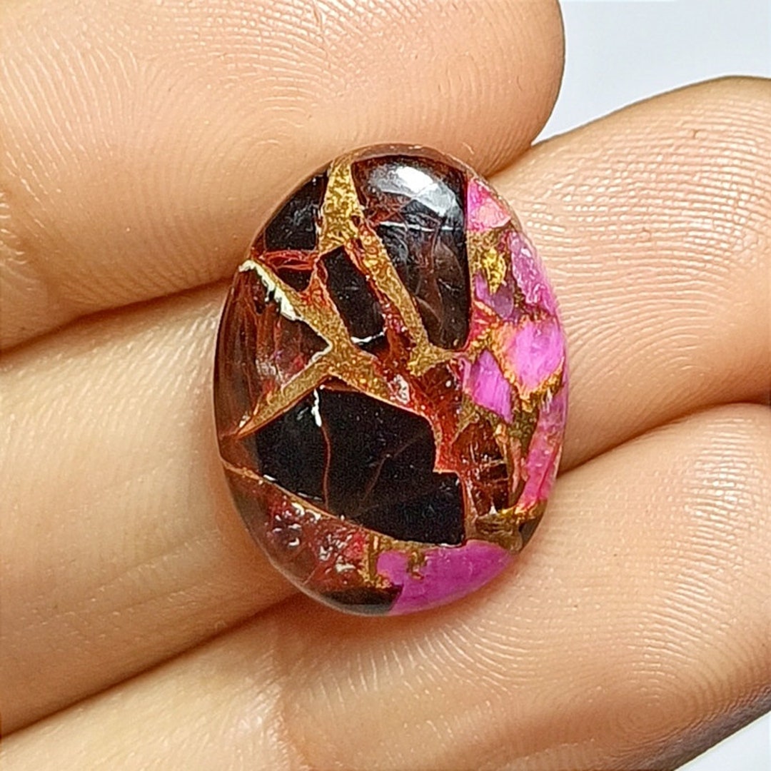 High Quality Pink Copper Calcite With Obsidian Cabochon Gemstone, Dyed ...