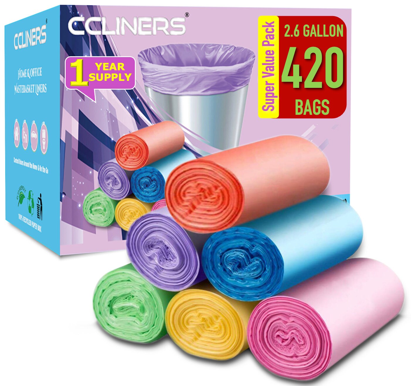 2.6 Gallon Colored Garbage Bags Bathroom Trash Can Liners 420 Count, 6 ...