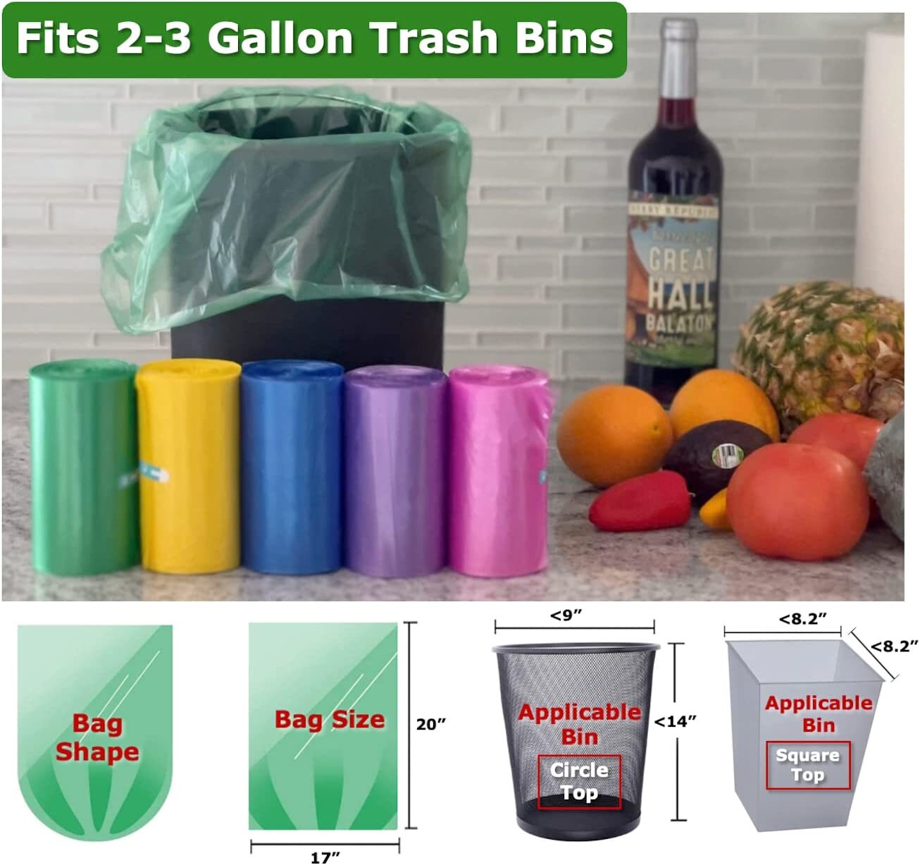 2.6 Gallon Colored Garbage Bags Bathroom Trash Can Liners 420 Count, 6 ...