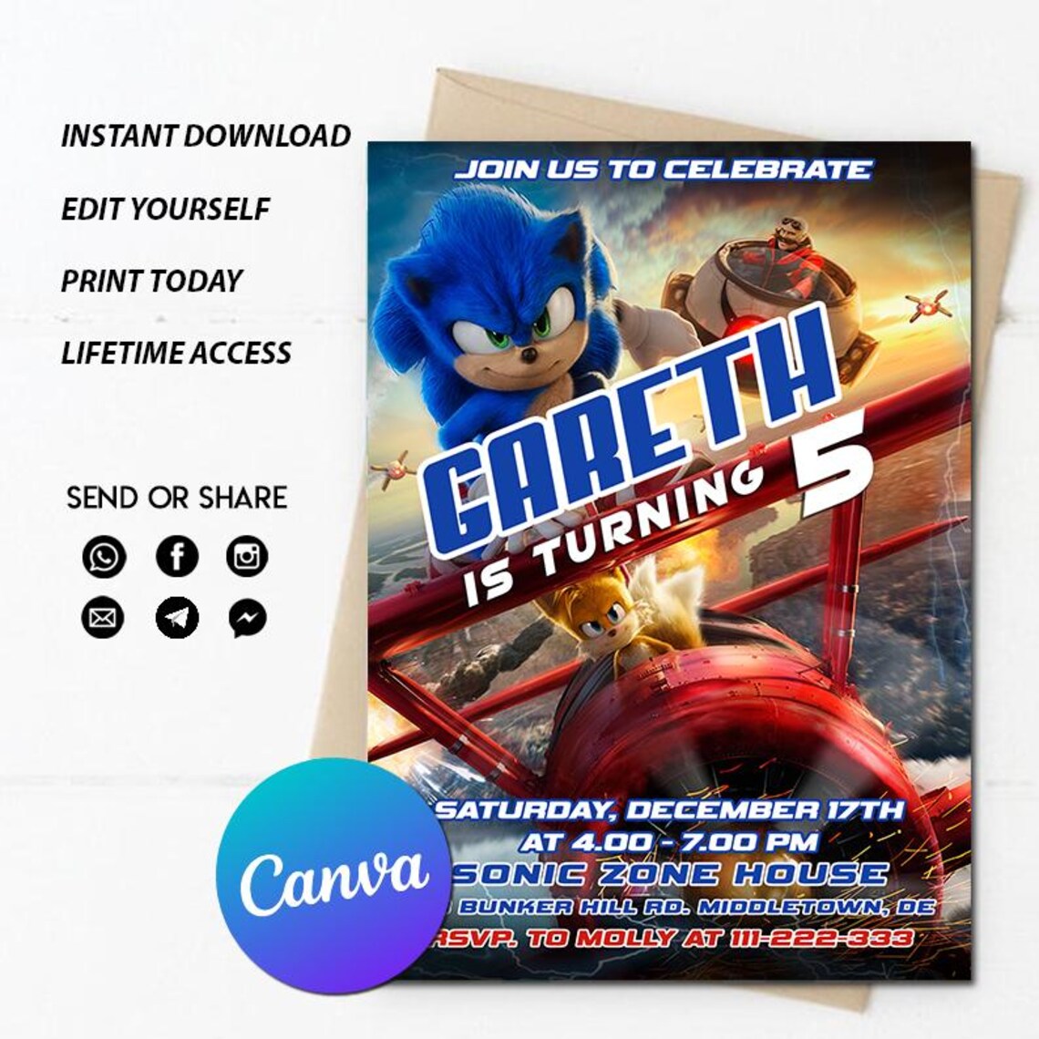 Editable Sonic Invitation, Sonic Party Invite, Sonic the Hedgehog ...