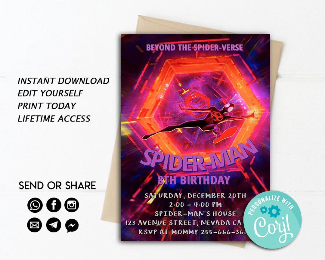 Instant Download Invitation, Spiderman Beyond the Spiderverse Birthday ...