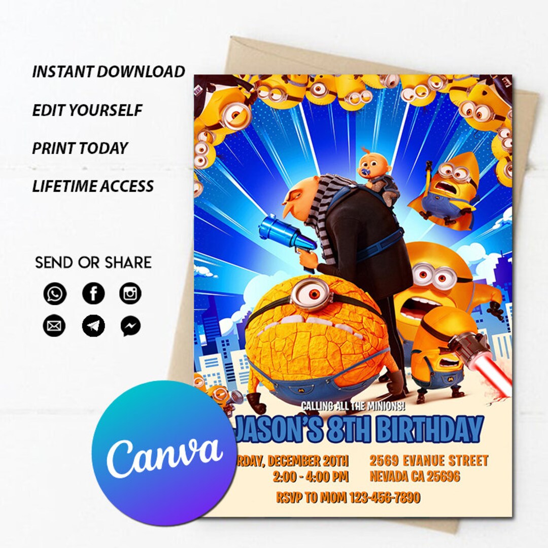 Despicable Me 4 Party Invite, Minion Party Invitation, Minion Birthday ...