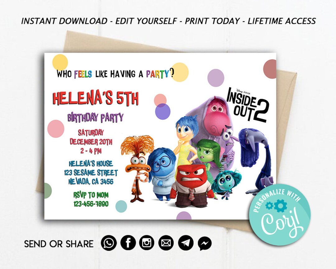 Inside Out 2 Birthday Invitation, Inside Out Birthday, Inside Out New ...