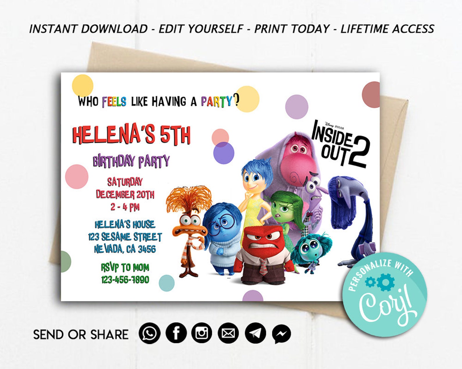 Inside Out 2 Birthday Invitation, Inside Out Birthday, Inside Out New ...