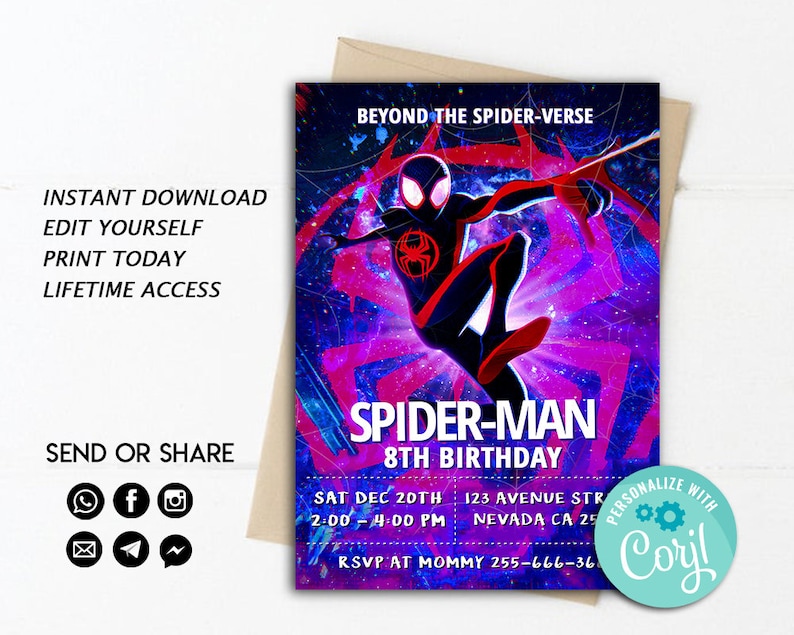 Instant Download Invitation, Beyond the Spiderverse Birthday Invitation ...