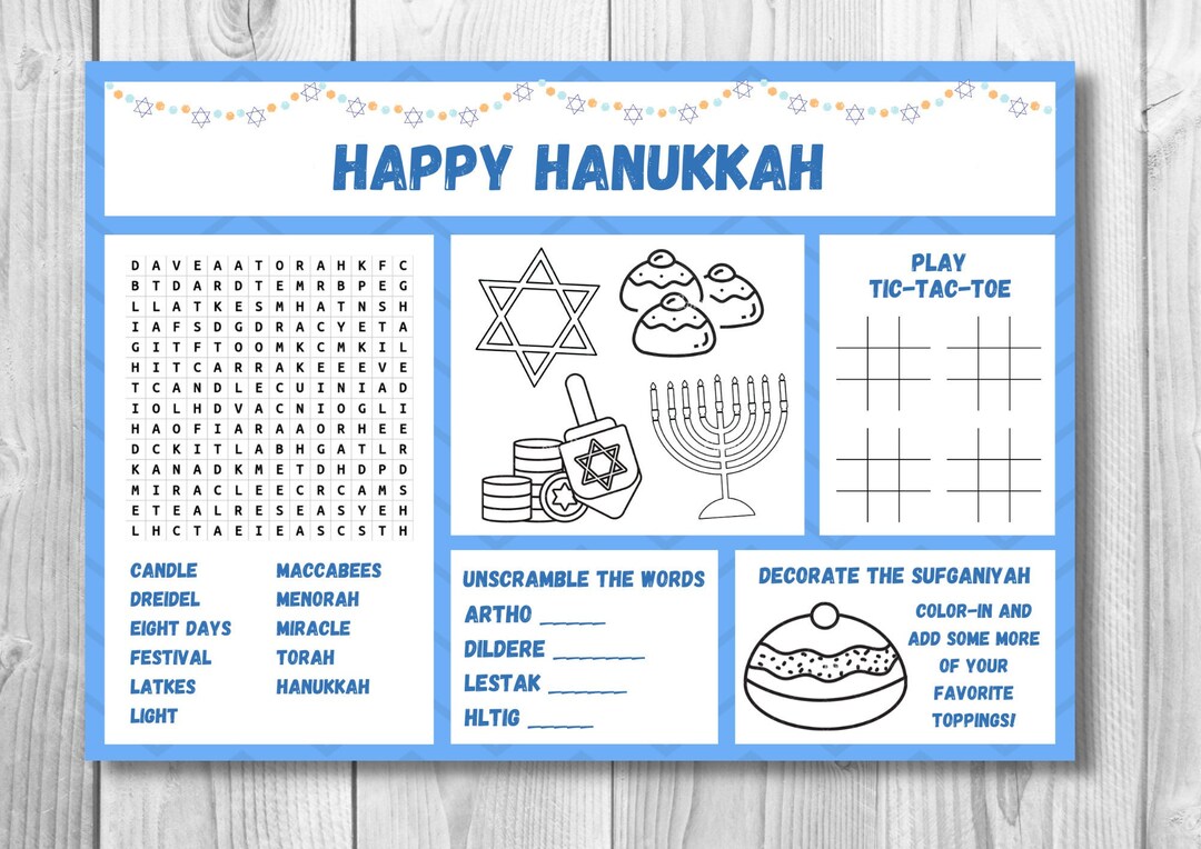 Kids Hanukkah Activity Printable Placemat, Activity for Kids During the ...